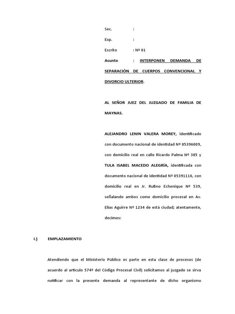 Demanda de Separación Convencional y Divorcio Ulterior | PDF | Divorcio ... Demanda de Separación Convencional y Divorcio Ulterior | PDF | Divorcio ...