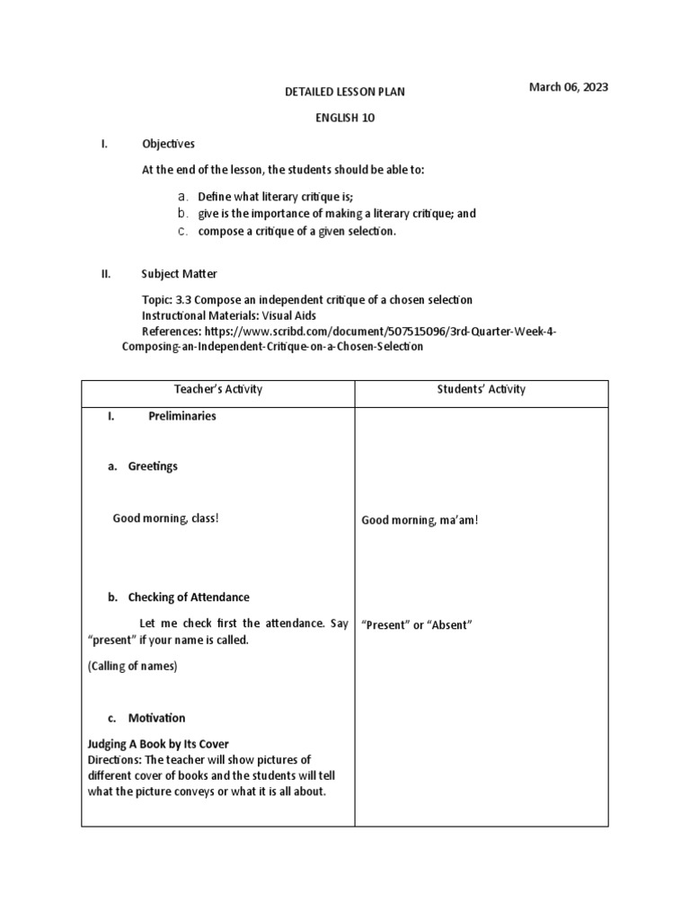 English 10: Literary Critique Lesson Plan | PDF | Evaluation | Critical ...