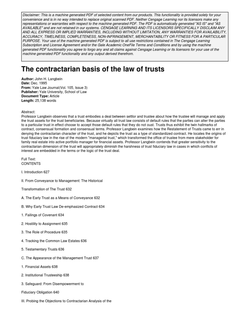 The Contractarian Basis of The Law of Trusts | PDF | Trust Law | Trustee
