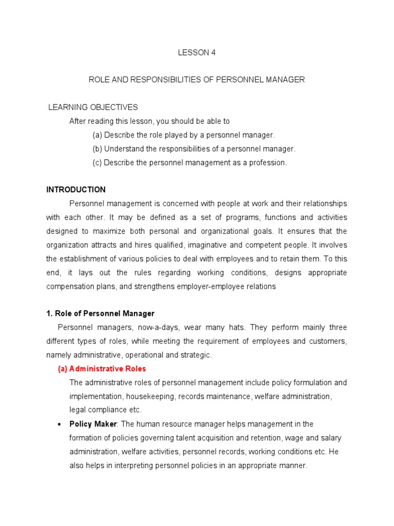 Lesson 4 - Role and Responsibilities of Personnel Mamager | PDF | Human ...