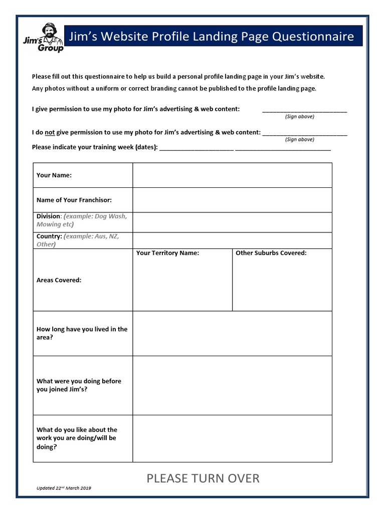 Jim's Website Profile Landing Page Questionnaire: Please Turn Over | PDF
