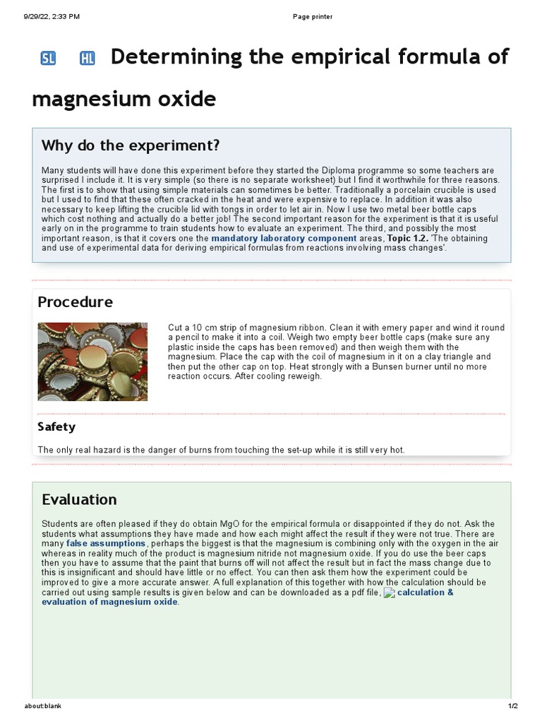 Magnesium Oxide Empirical Formula Lab Investigation | PDF | Magnesium ...