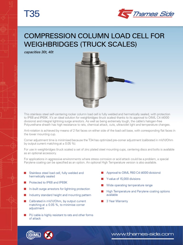 Thames Side T35 Weighbridge Load Cell Data Sheet | PDF | Manufactured Goods | Components