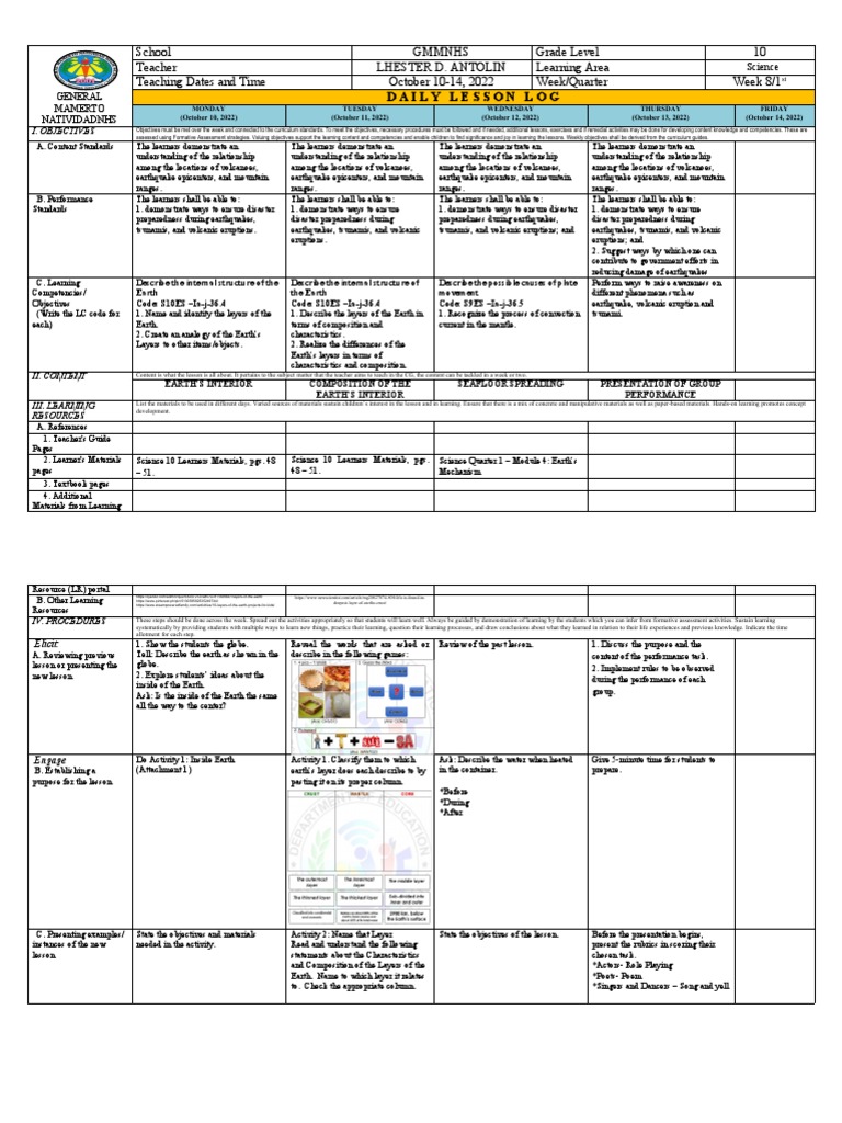Grade 10 Science Lesson Plan: Earth's Layers | PDF | Learning | Earth