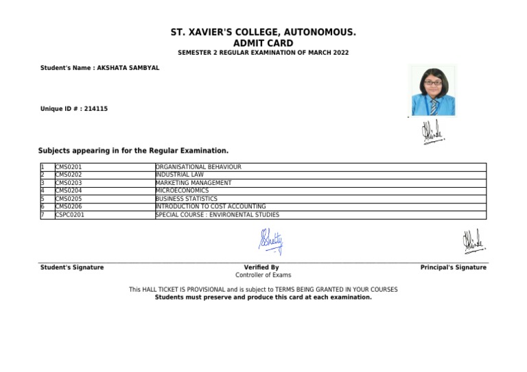 St. Xavier'S College, Autonomous. Admit Card | PDF