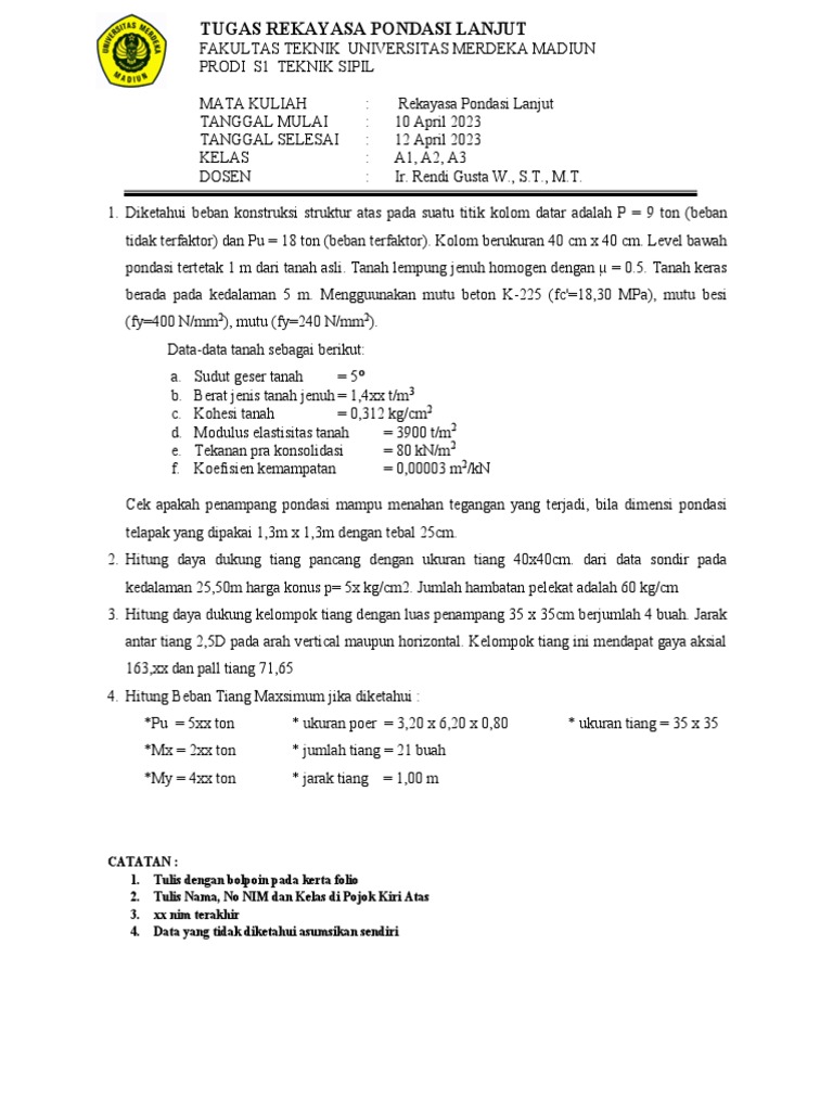 Tugas Rekayasa Pondasi Lanjut | PDF | Teknologi & Rekayasa