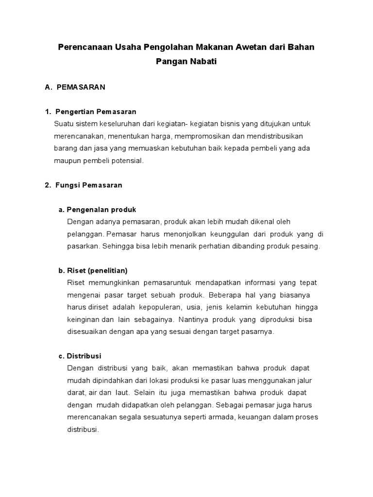 Perencanaan Usaha Pengolahan Makanan Awetan Dari Bahan Pangan Nabati | PDF