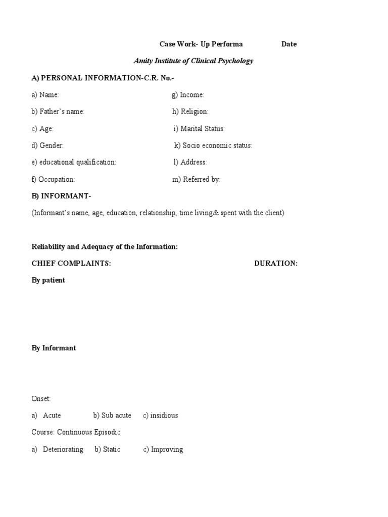 Psychiatric Case Performa | PDF | Attitude (Psychology) | Anxiety