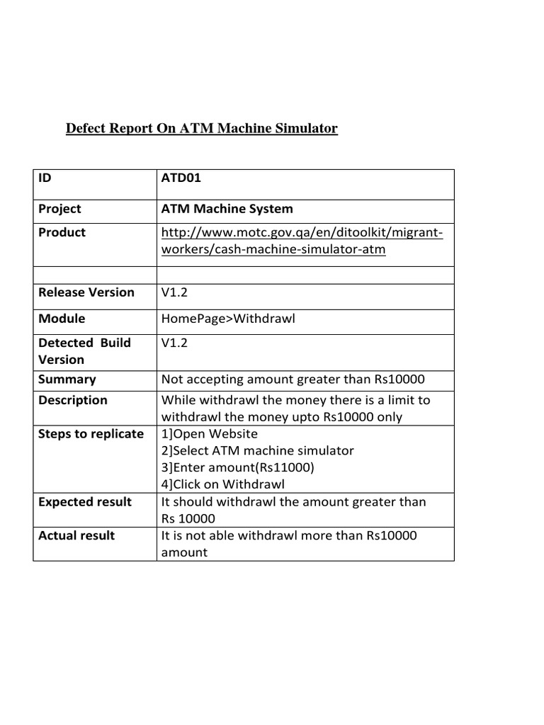 Defect Report On ATM Machine Simulator | PDF | Cyberspace | Computer ...