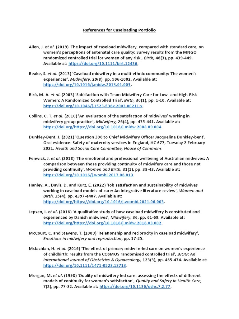 References For Caseloading Portfolio | PDF | Midwife | Midwifery