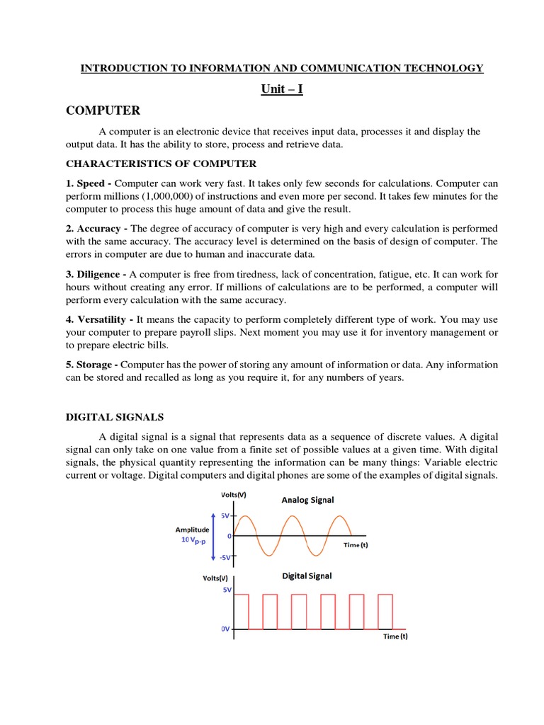 Unit-I Notes - Intro To ICT | PDF | Digital Signal | Central Processing ...