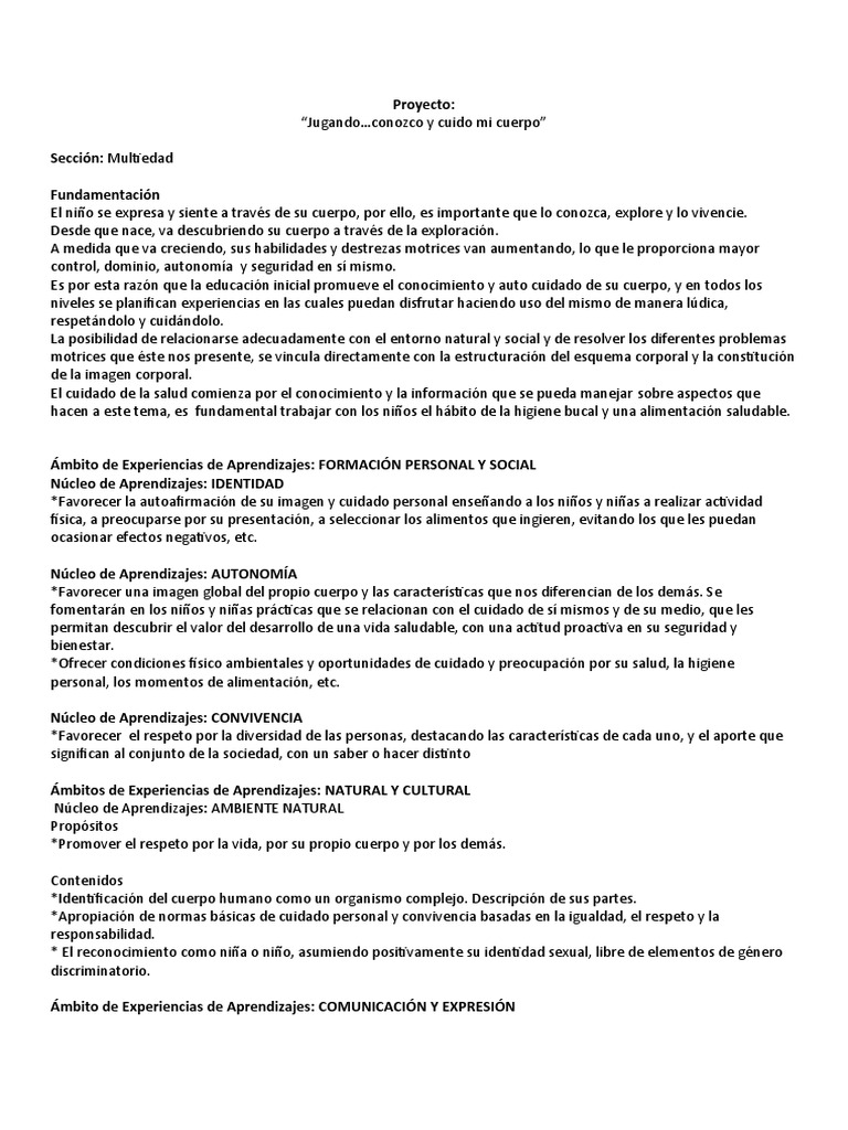 Proyecto Jugando Conozco y Cuido Mi Cuerpo | PDF | Educación de la ... Proyecto Jugando Conozco y Cuido Mi Cuerpo | PDF | Educación de la ...