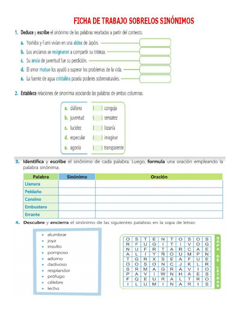 Ficha de Trabajo Sobre Los Sinónimos | PDF