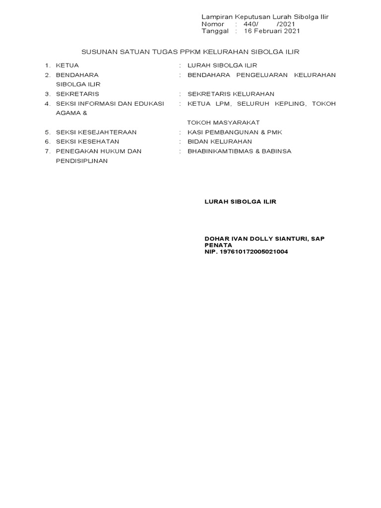 Lampiran Keputusan Lurah Sibolga Ilir | PDF