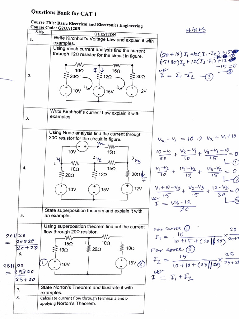 BEEE QB Hints and Solutions Cat1 | PDF | Electrical Network | Metrology