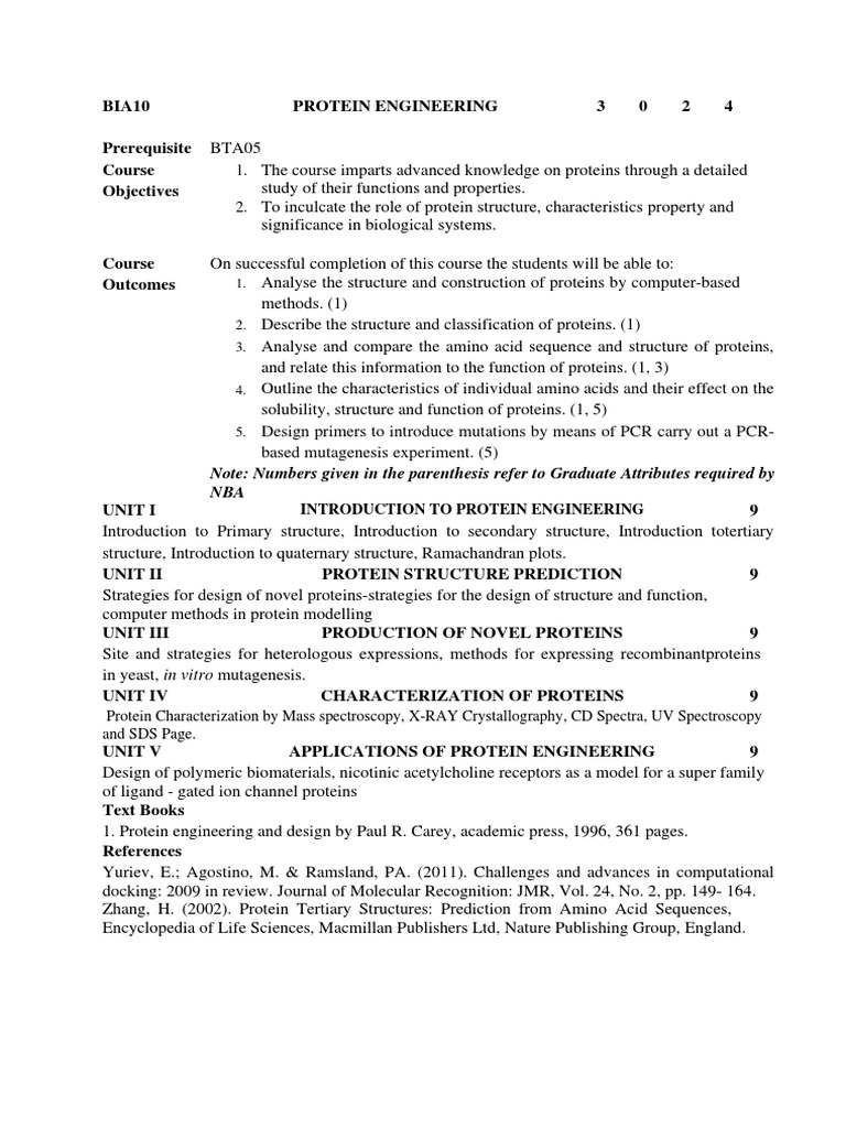 Protein Engineering Syllabus BIA1014 | PDF | Proteins | Protein Structure