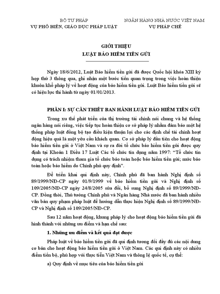 De Cuong Gioi Thieu Luat Bao Hiem Tien Gui | PDF