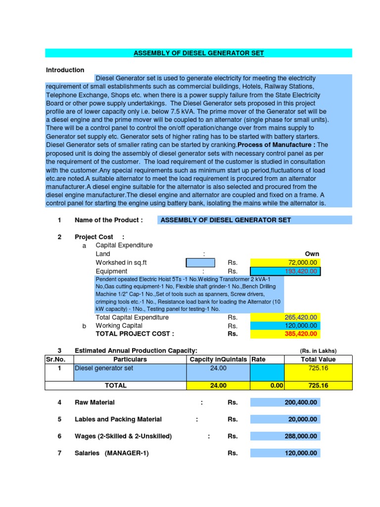Assembly of Diesel Generator Set | PDF | Electric Generator | Cost
