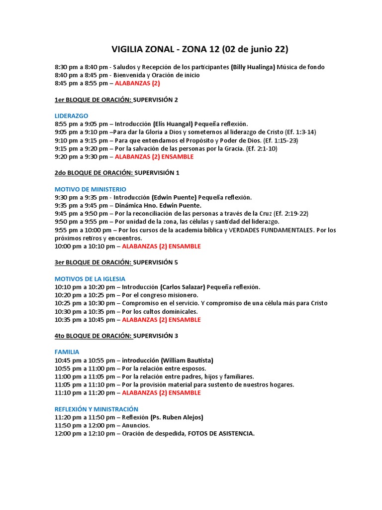 VIGILIA ZONAL - ZONA 12 (02 de Junio 22) : 1er Bloque de Oración: Supervisión 2 | PDF | Religión ...