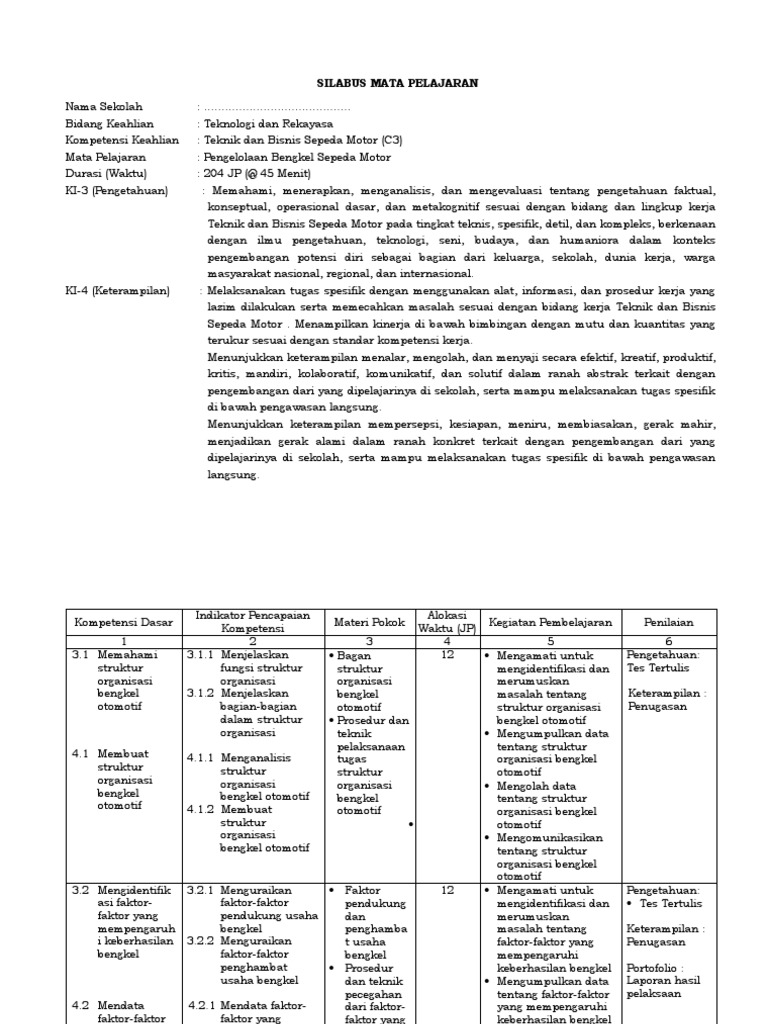 Silabus C3 Mapel Pengelolaan Bengkel Sepeda Motor | PDF