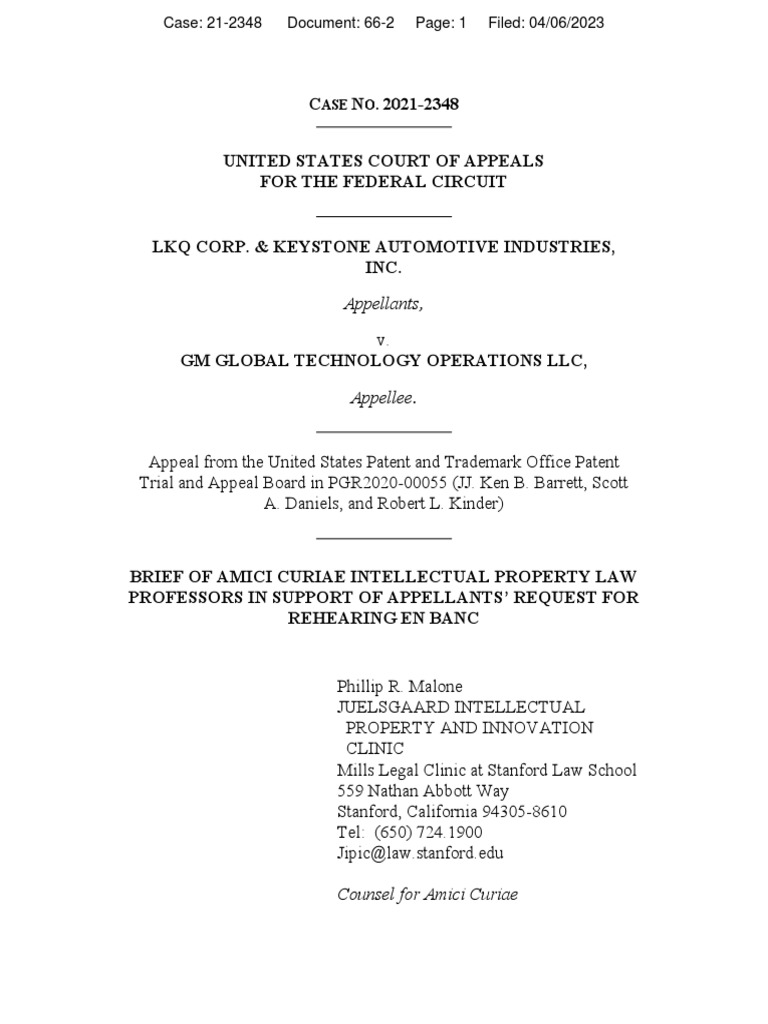 LKQ v. GM - Professors Brief | PDF | Patent | Prior Art