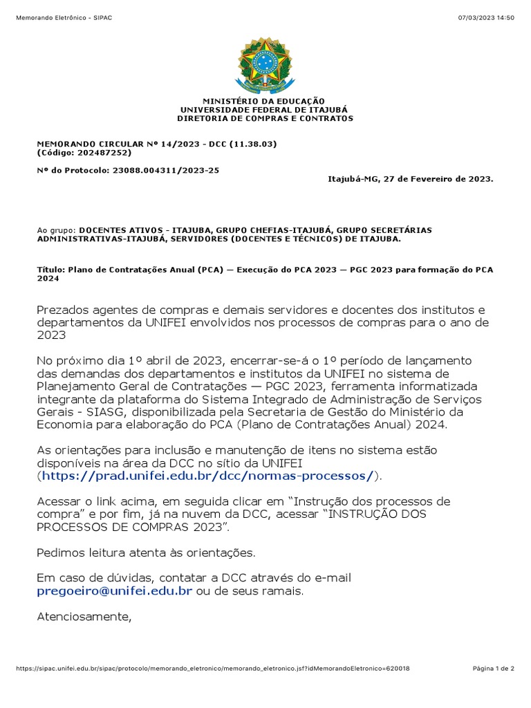 MEMORANDO CIRCULAR N. 14 2023 - DCC Plano de Contratações Anual (PCA ...