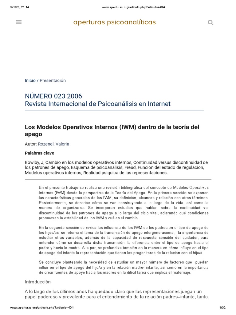 Modelos Operativos Internos - NÚMERO 023 2006 | PDF | Teoría de apego ...