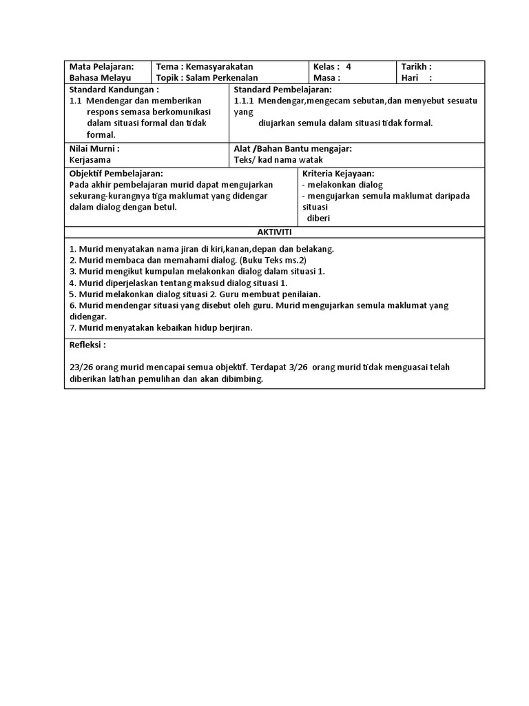 Contoh Penulisan RPH BM 2023 | PDF