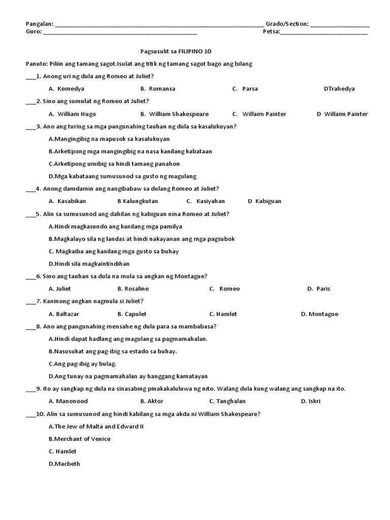 Filipino 10 Q2 Romeo at Juliet | PDF