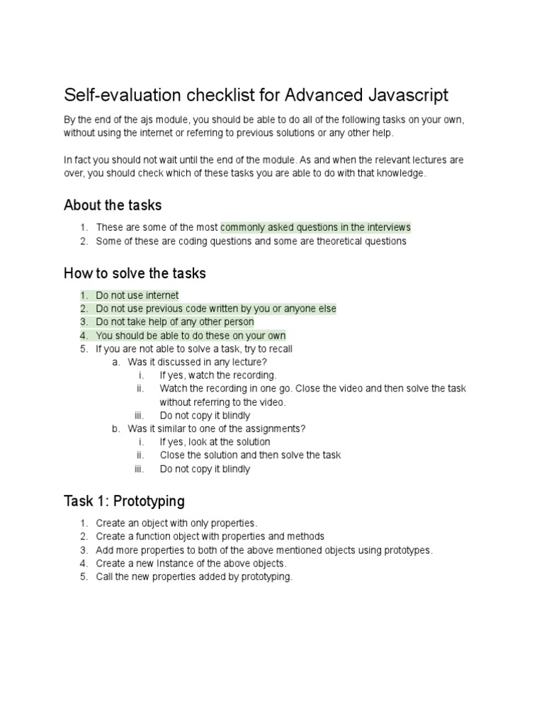 Self-Evaluation Checklist For Advanced Javascript | PDF | Java Script ...