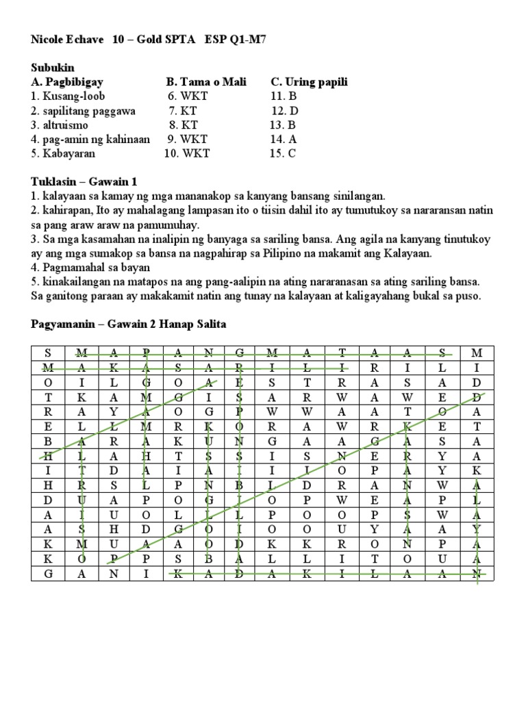 Nicole Echave 10 - Gold SPTA ESP Q1-M7 Subukin A. Pagbibigay B. Tama o ...