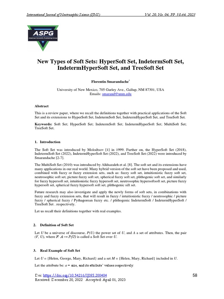 New Types of Soft Sets: HyperSoft Set, IndetermSoft Set, IndetermHyperSoft Set, and TreeSoft Set ...