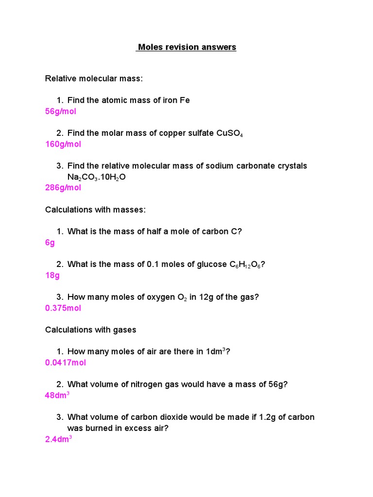 Moles Revision Answers: Relative Molecular Masses, Calculations with ...