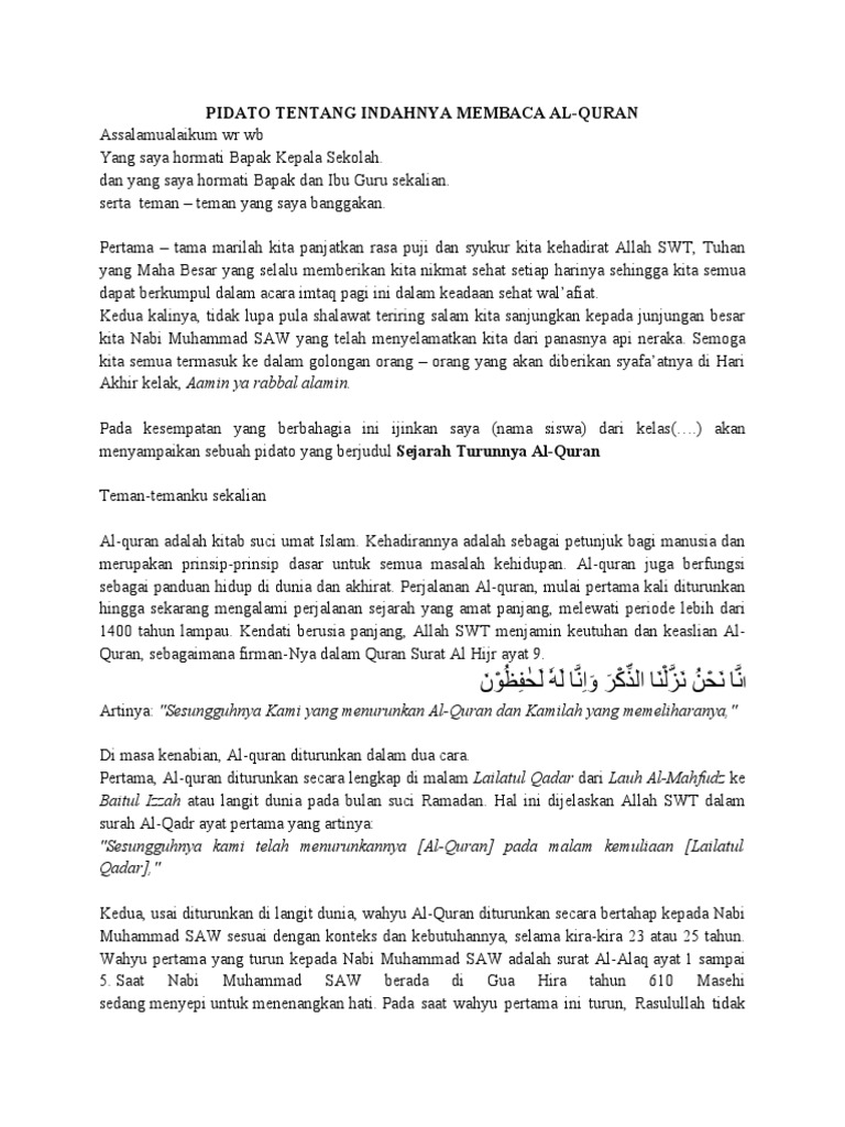 Pidato Tentang Indahnya Membaca Al Quran | PDF
