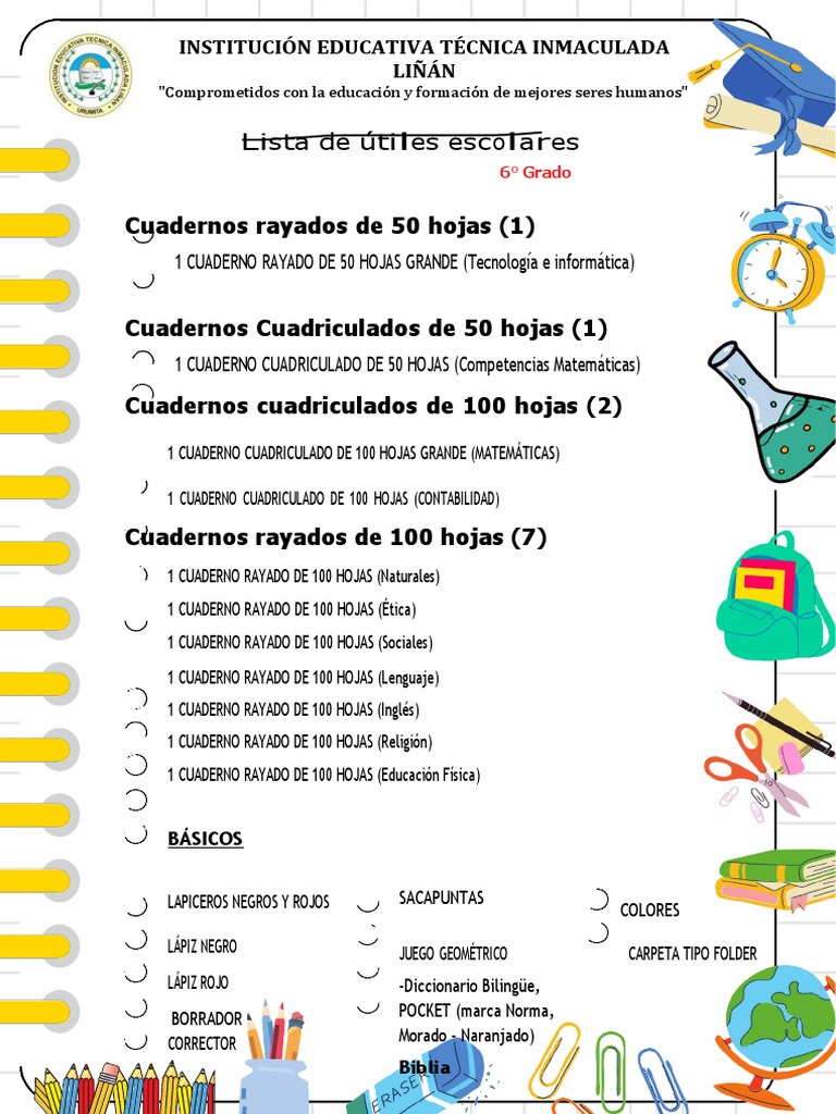 Lista de Materiales Escolares Grados 6° | PDF