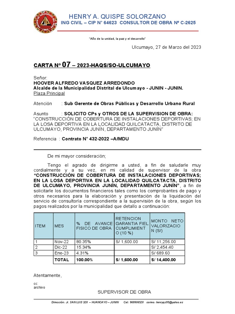 CARTA N°005-2023 solicito CP | PDF