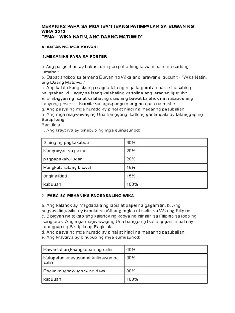 Mekaniks para Sa Mga Iba't Ibang Patimpalak Sa Buwan NG Wika 2013 | PDF