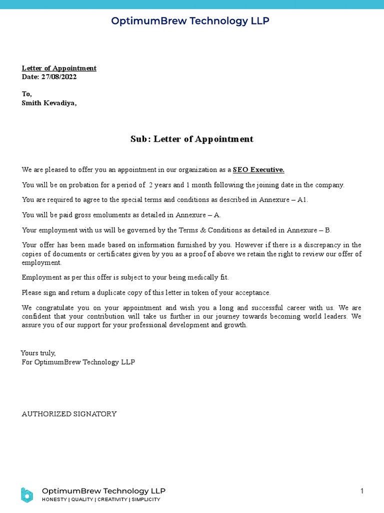 Letter of Appointment Date: 27/08/2022 To, Smith Kevadiya | PDF | Employment | Contractual Term
