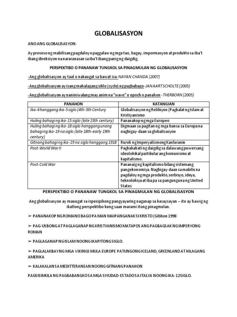Globalisasyon: Perspektibo O Pananaw Tungkol Sa Pinagmulan NG ...