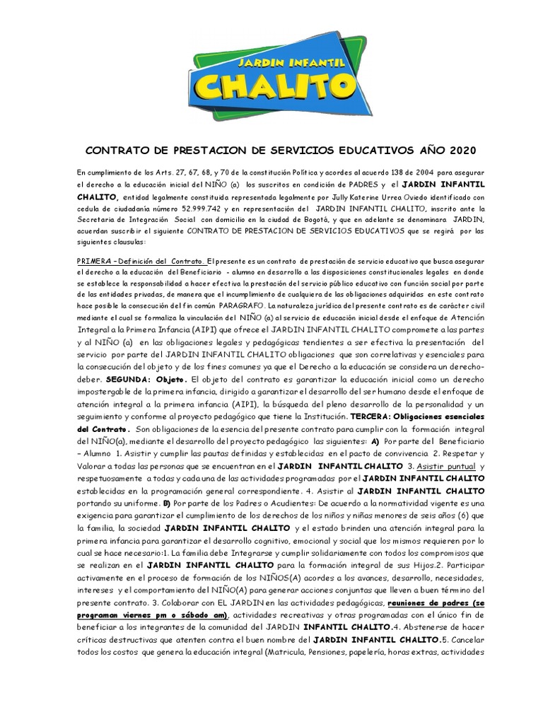 Contrato de prestación de servicios educativos para el año 2020 entre ...