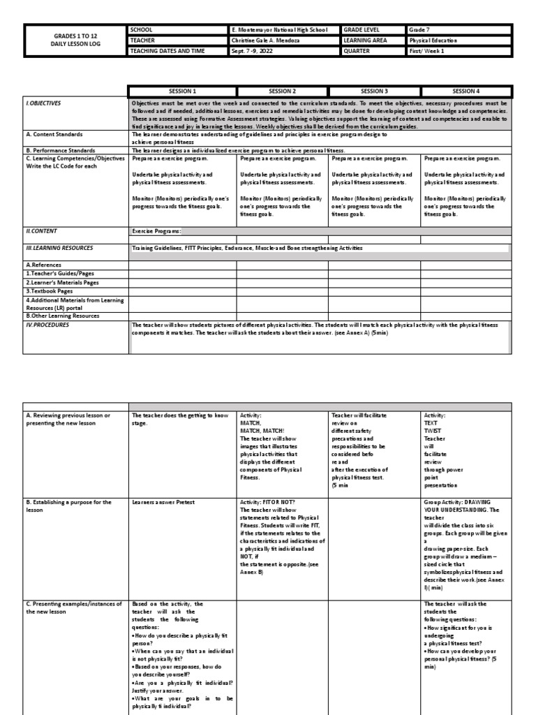 Grade 7 Physical Education Lesson Plan | PDF | Learning | Teachers