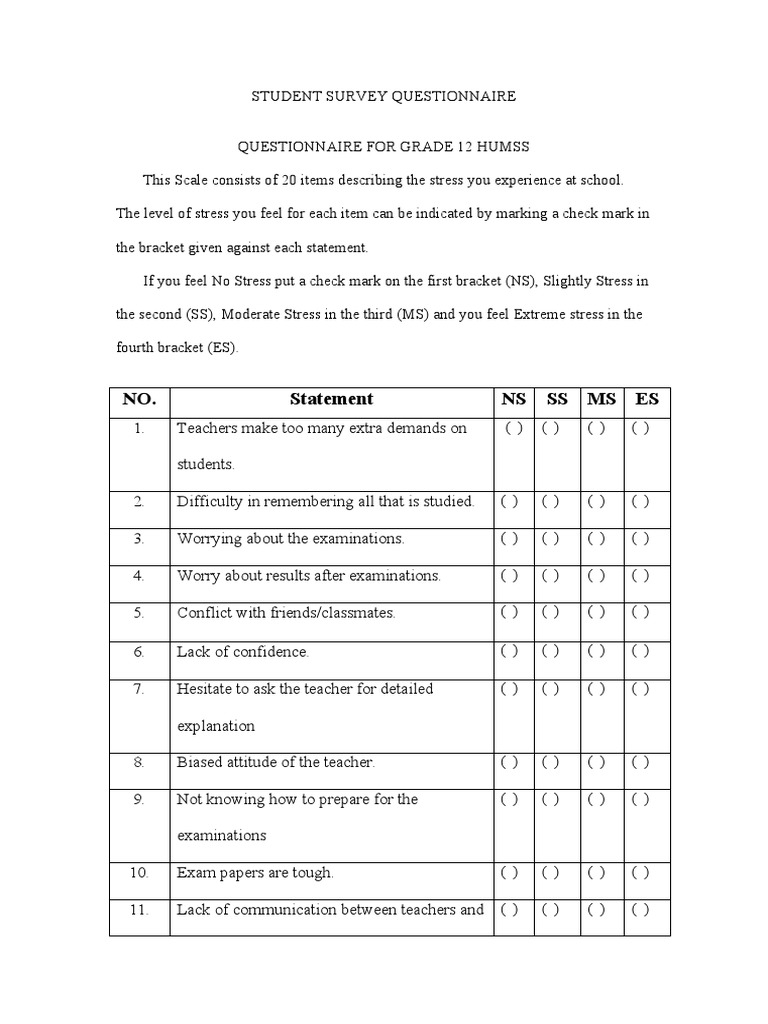 Academic Stress Survey for Grade 12 Students | PDF