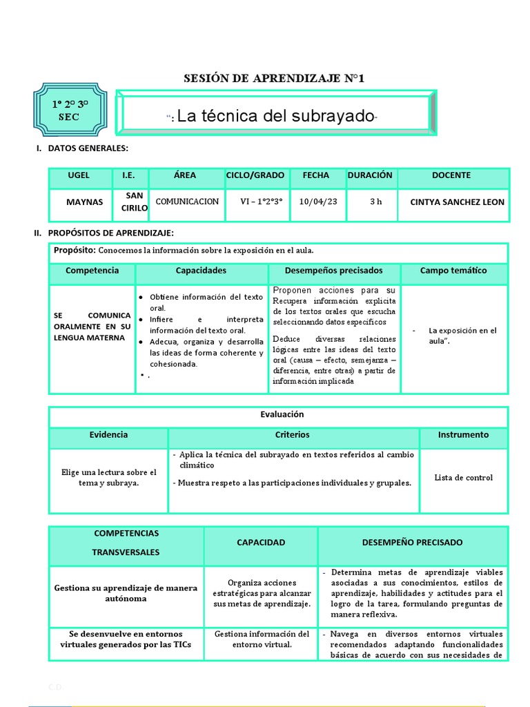 La Técnica Del Subrayado: Sesión de Aprendizaje N°1 | PDF | Aprendizaje | Salón de clases