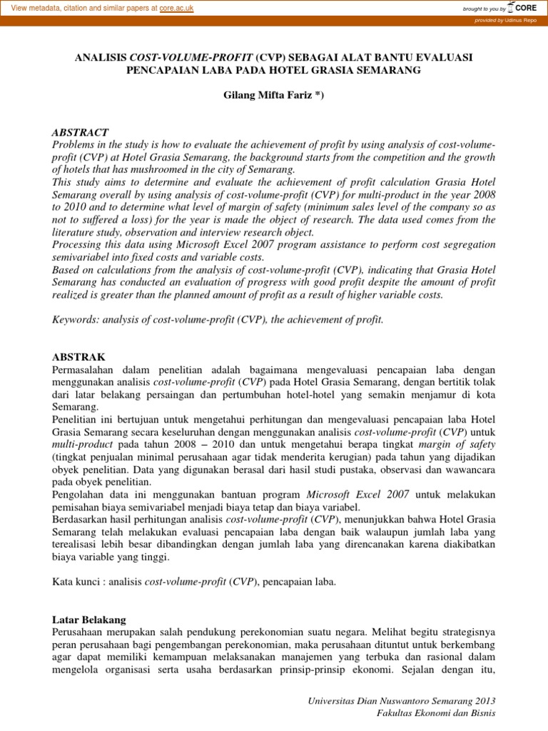 Analisis Cost-Volume-Profit (CVP) Sebagai Alat Bantu Evaluasi Pencapaian Laba Pada Hotel Grasia ...