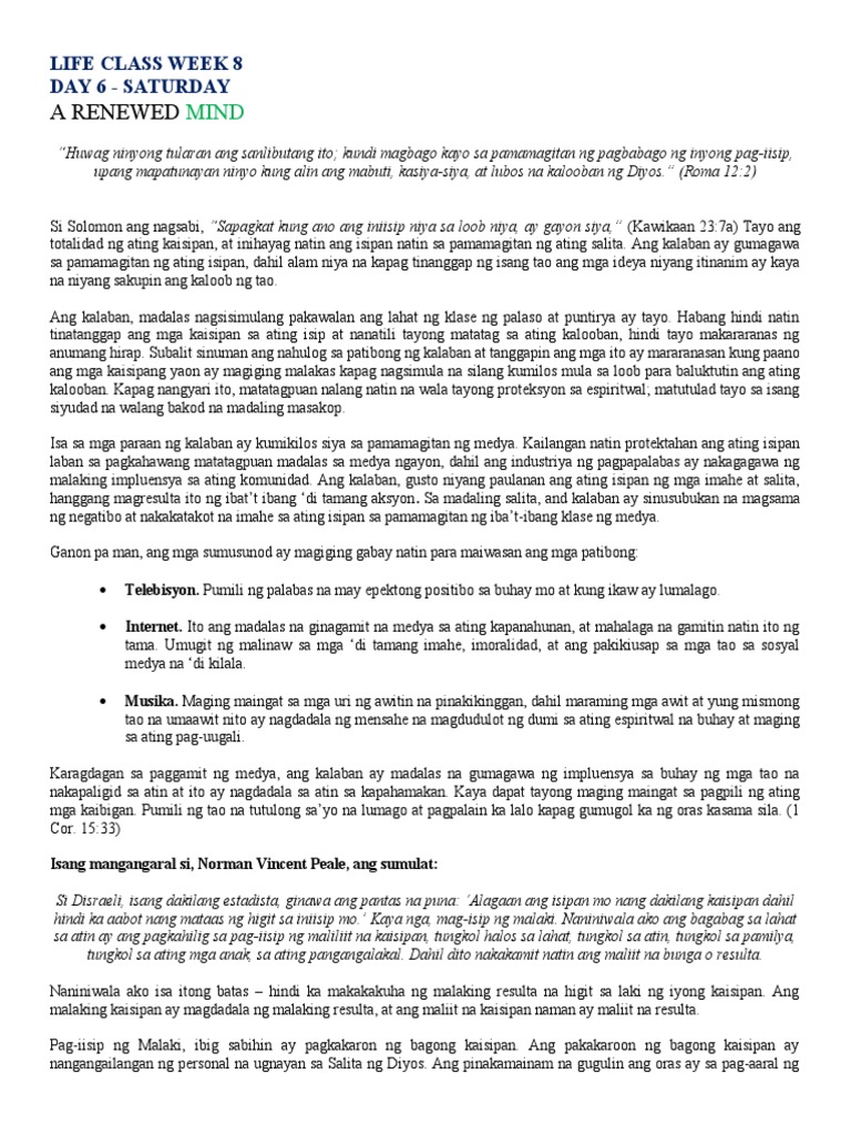 Life Class Week 8 Day 6 - A Renewed Mind | PDF