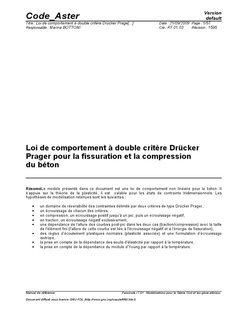 Code - Aster: Loi de Comportement À Double Critère Drücker Prager Pour La Fissuration Et La ...