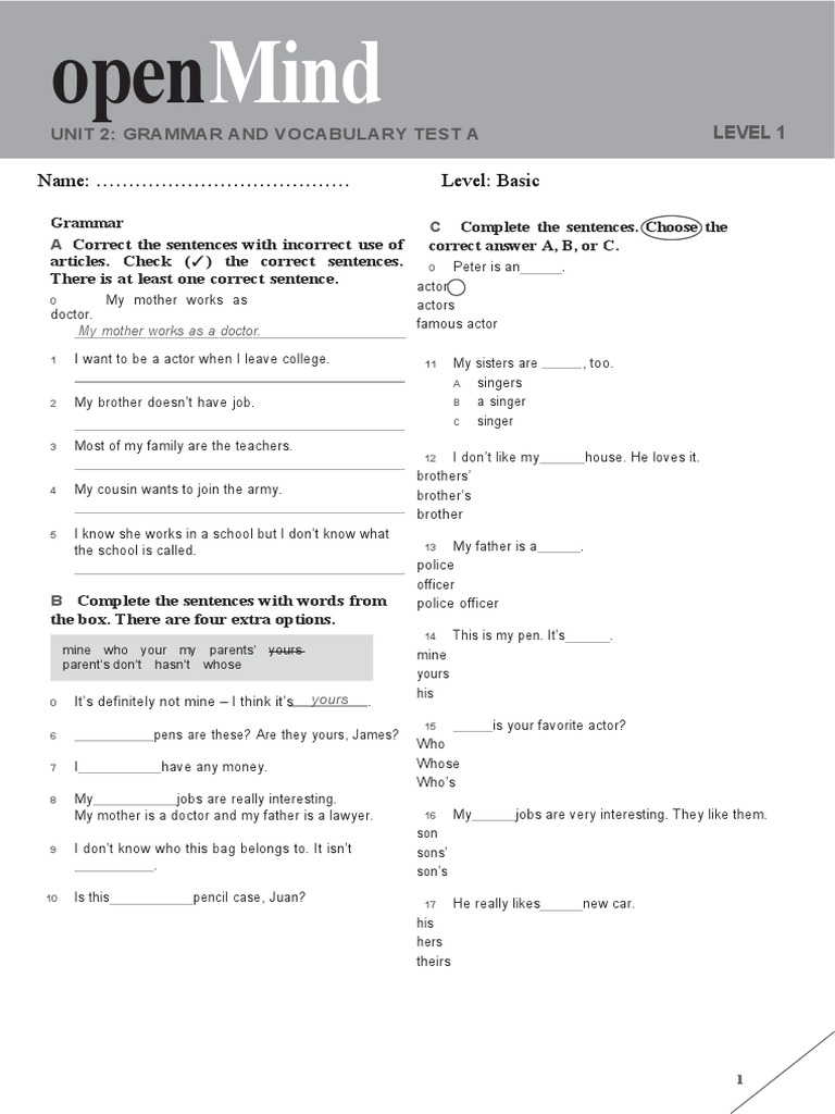 Openmind 1 Unit 2 Grammar and Vocabulary | PDF