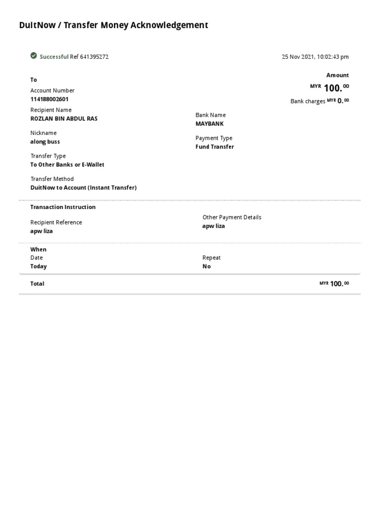 Duitnow / Transfer Money Acknowledgement: Successful | PDF