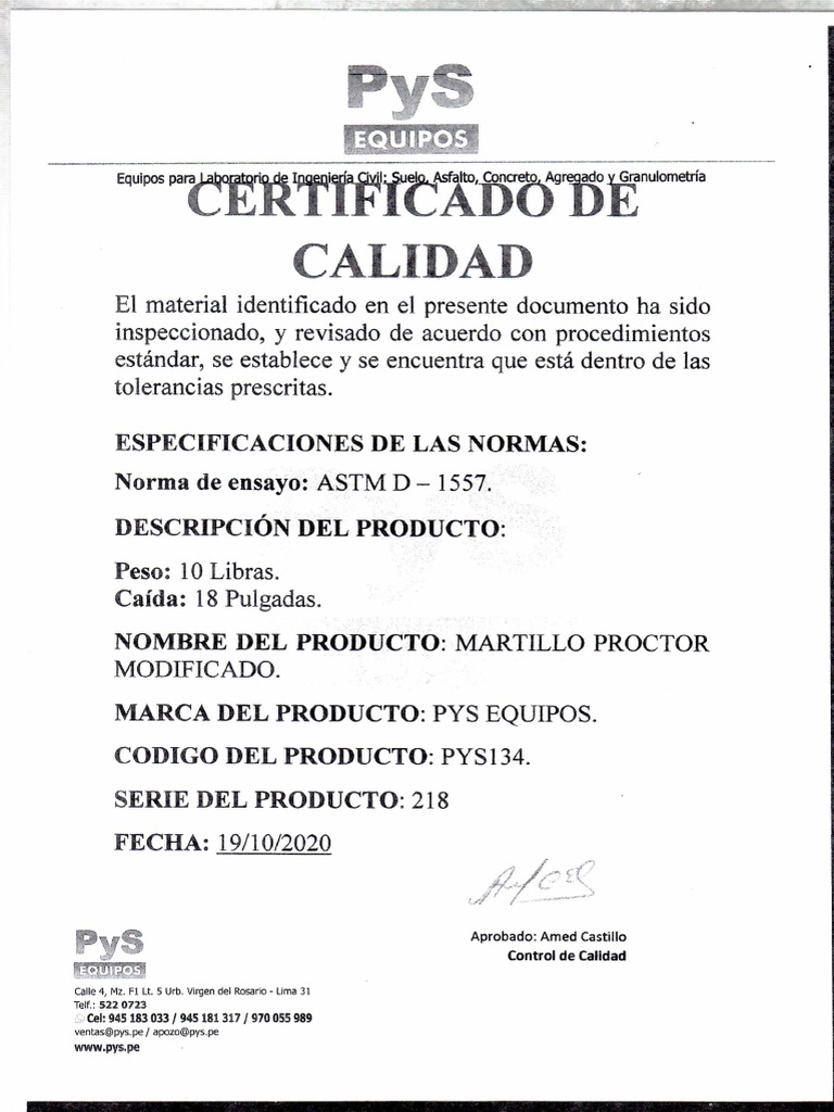 Certificado de Calidad Hoja1 | PDF