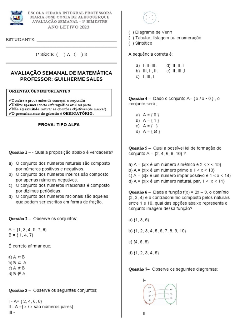 Avaliação de Matemática - Tipo Alfa | PDF | Função (Matemática) | Lógica
